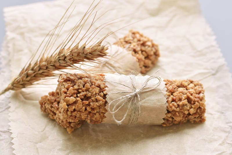 Muesli bars with wheat ear stock image. Image of meal - 101205063