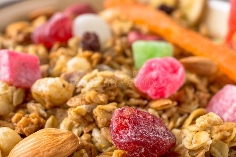 Muesli with fruit and nuts stock photo. Image of sweet - 51390212