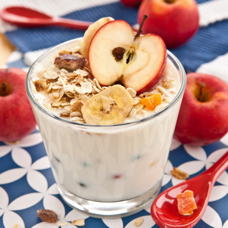 Muesli with Yoghurt and Apples Stock Image - Image of fresh, pattern ...