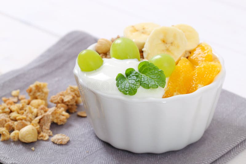 Muesli with Yogurt and Fresh Fruit Stock Image - Image of grape, rolled ...