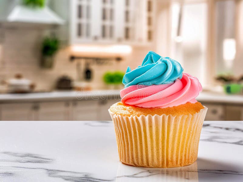 A Muffin Cupcake with Pastel Colored Cream Stands on a Table Stock ...