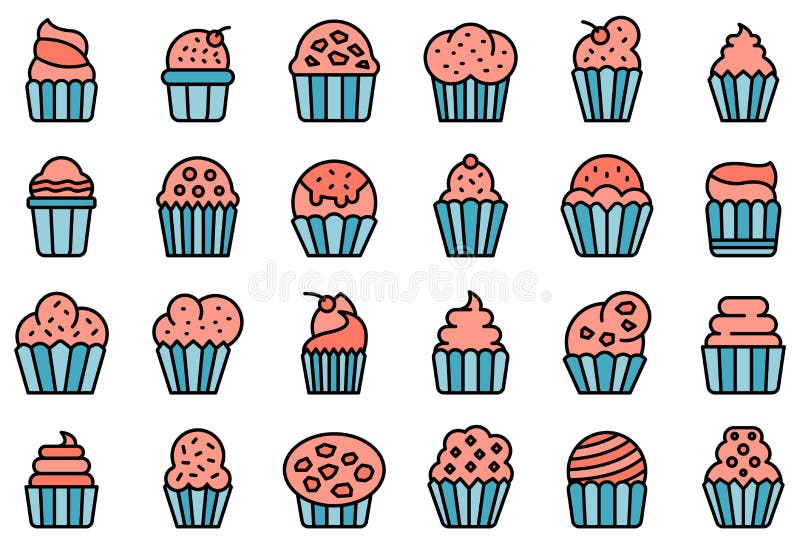 Muffin Icons Set Line Color Vector Stock Vector - Illustration of cook ...