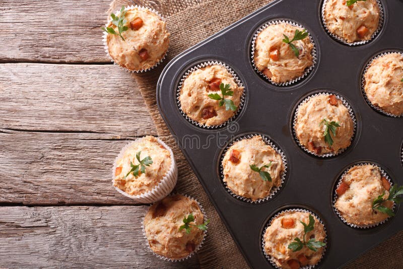 Muffins with Ham and Cheese in Baking Dish. Horizontal Top View Stock ...