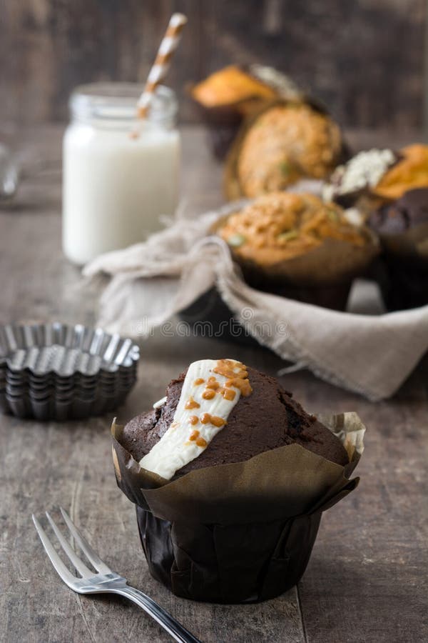 Muffins on a Rustic Wooden Table Stock Image - Image of homemade ...