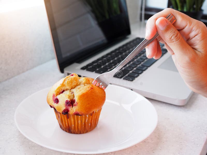 Muffins on a White Plate Snack for Eating on Working Desk. Stock Image ...