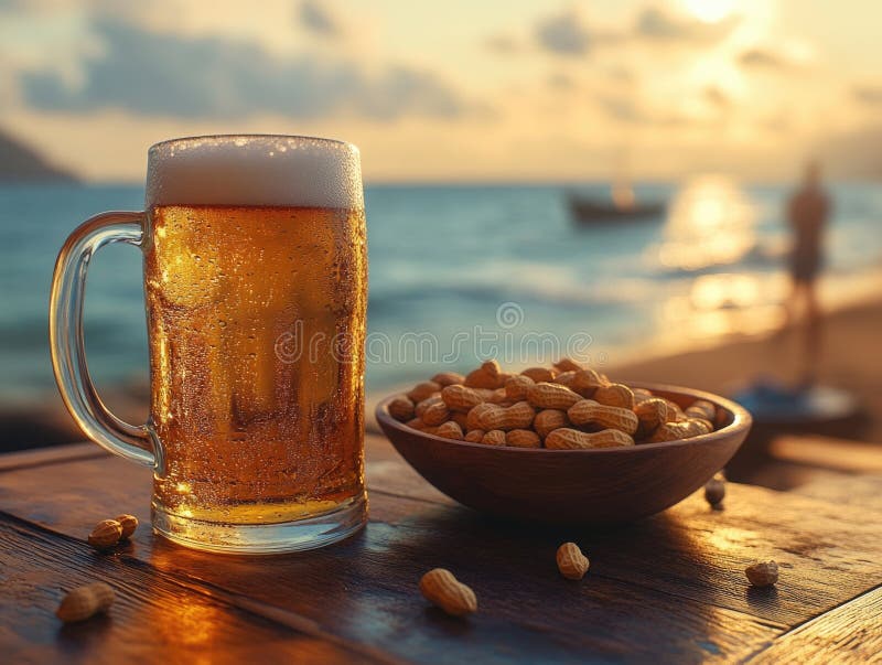 Mug of Beer and a Bowl of Peanuts are on a Table by the Ocean Stock ...