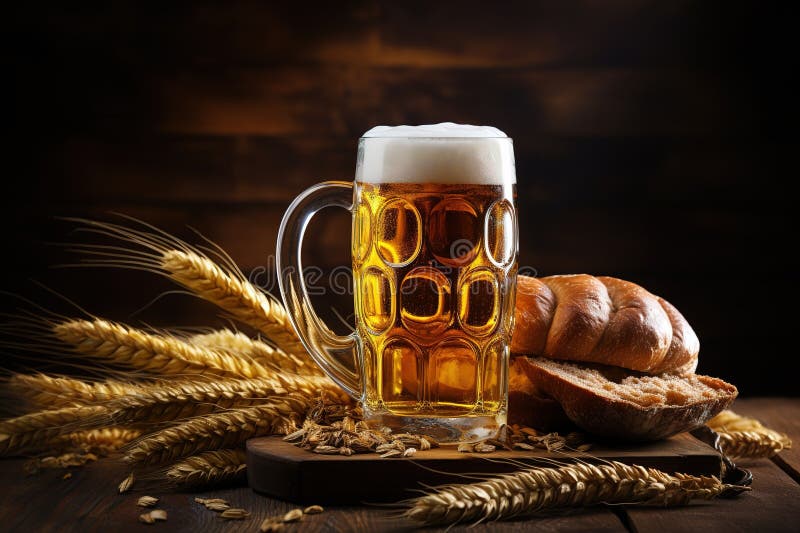 Mug of Beer with Foam on the Table with Spikelets of Wheat and Bread ...
