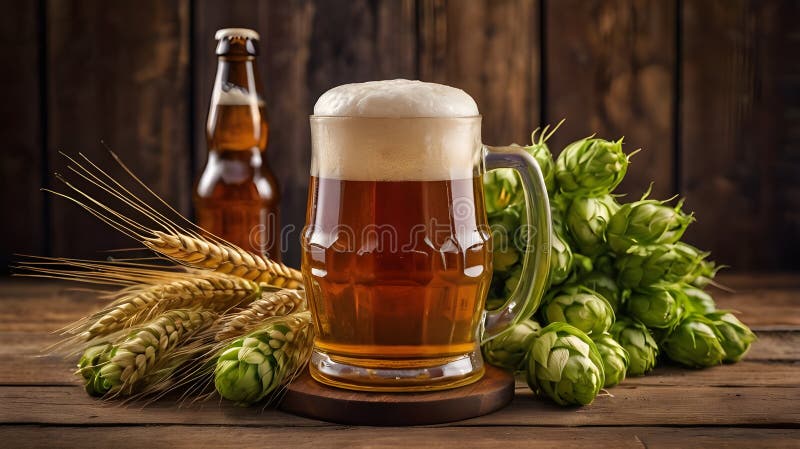 Mug of Beer, Wheat Ears, Hops and Beer Barrel on a Wooden Background ...