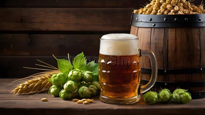 Mug of Beer, Wheat Ears, Hops and Beer Barrel on a Wooden Background ...