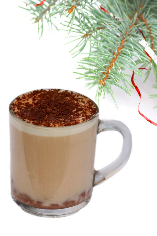 Mug of Capuccino Under Fir-tree Branch on White Stock Photo - Image of ...