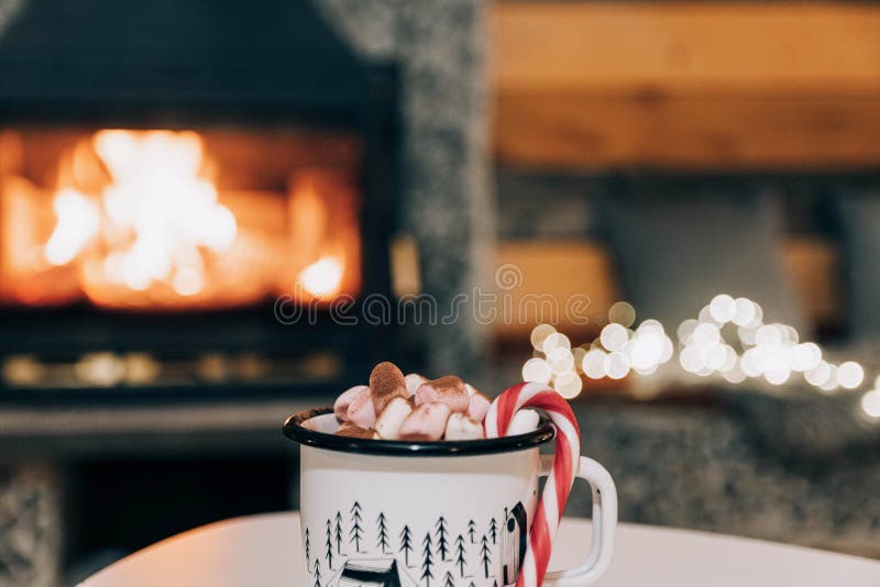 Mug of Cocoa or Hot Chocolate with Powdered Marshmallows and Candy Cane ...