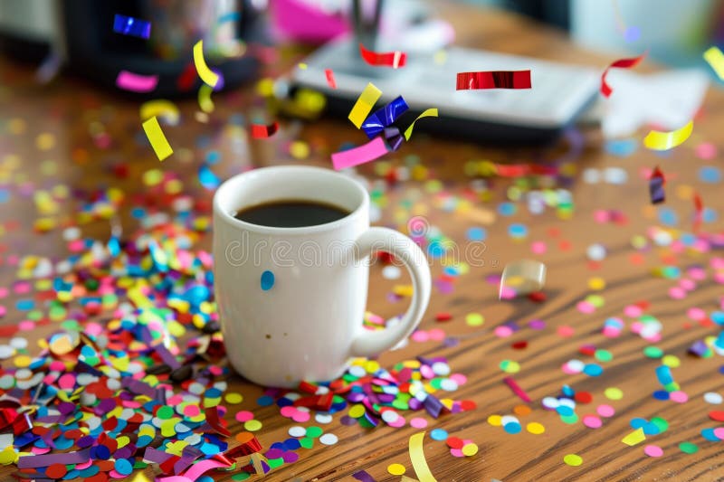 A Mug of Coffee Amidst Confetti on a Wooden Desk Stock Image - Image of ...