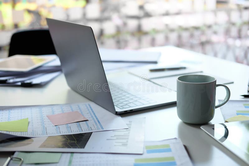 Mug Coffee on Office Table Workplace,Coffee Break Time Concept. Stock ...