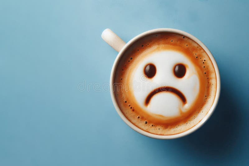 A Mug of Coffee with a Sad Smiley Face on Foam. Space for Text. Stock ...