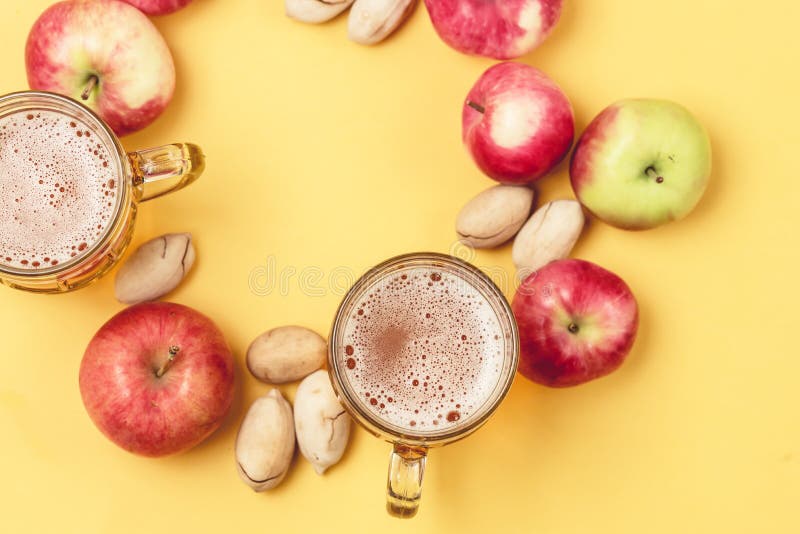 Mug of Cold Apple Cider and Ripe Apples Autumn Drink Top View Frame ...