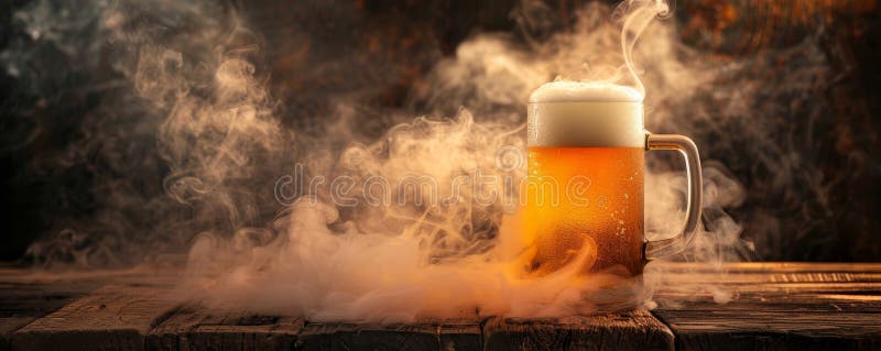 Mug of Cold Beer on Wooden Table with Smoke, Dramatic Lighting. Rustic ...
