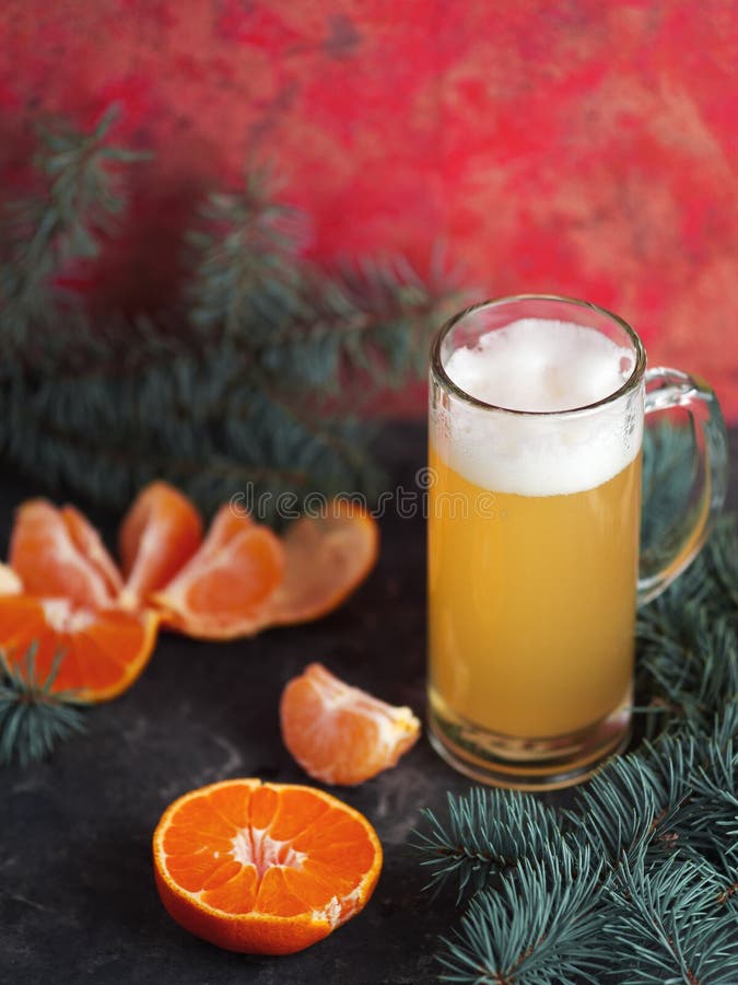 Mug Craft Mandarin Christmas Beer on Bright Festive Background Stock ...