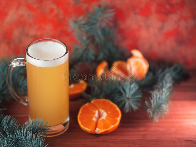 Mug Craft Mandarin Christmas Beer on Bright Festive Background Stock ...