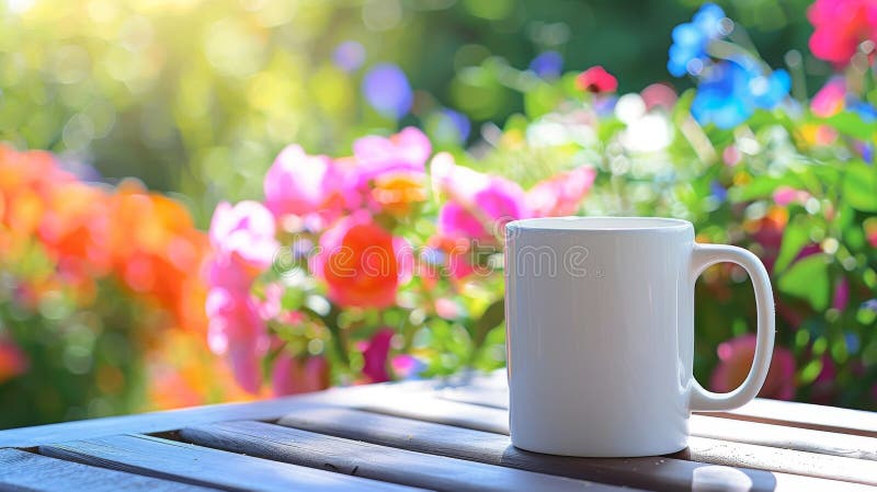 Mug on Garden Table with Blooming Flowers in Background Stock ...