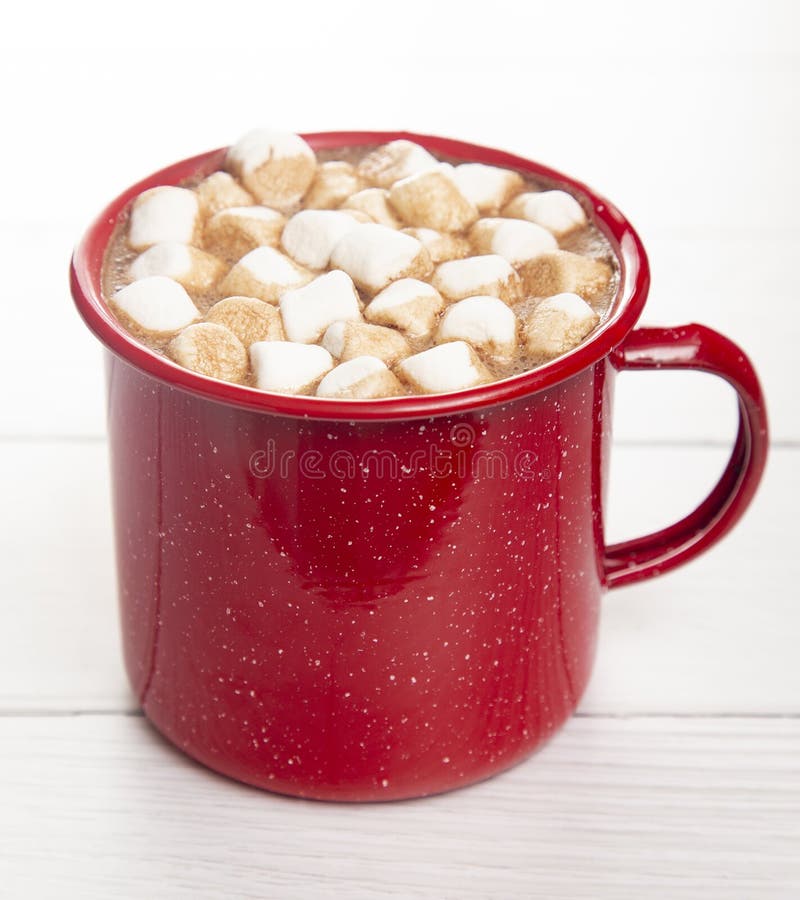 Mug of Hot Chocolate in a Red Metal Mug and a Beautifully Wrapped Gift ...