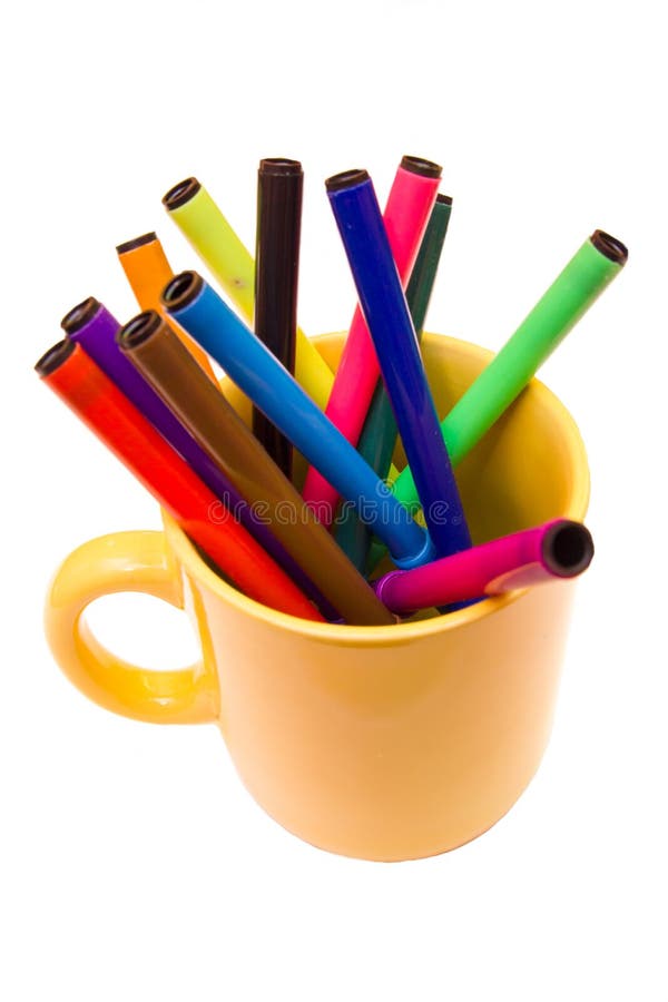 Mug with Markers Close Up View Stock Photo - Image of colorful ...