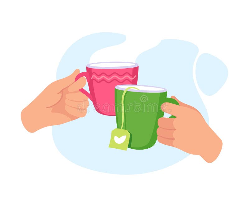 Mug with Tea or Coffee Drink in Hands Clinking Together Vector ...