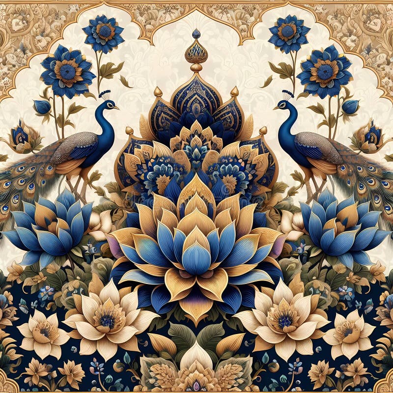 Mughal-Style Lotus and Peacock Pattern in Royal Blue and Gold. for ...