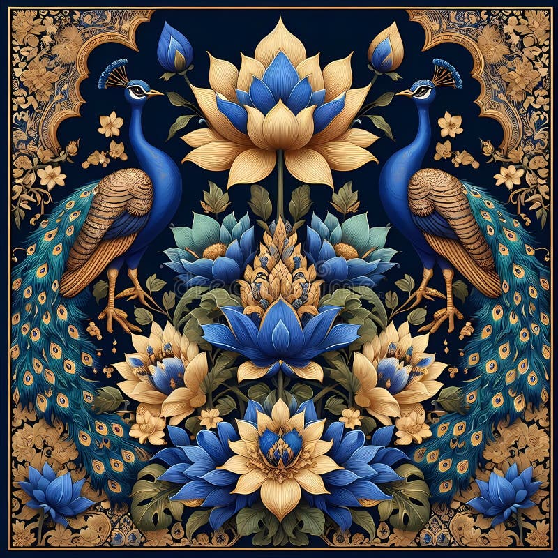 Mughal-Style Lotus and Peacock Pattern in Royal Blue and Gold. for ...