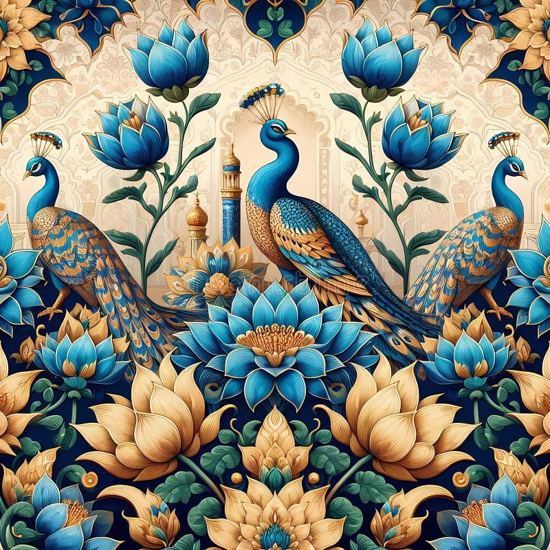 Mughal-Style Lotus and Peacock Pattern in Royal Blue and Gold. for ...