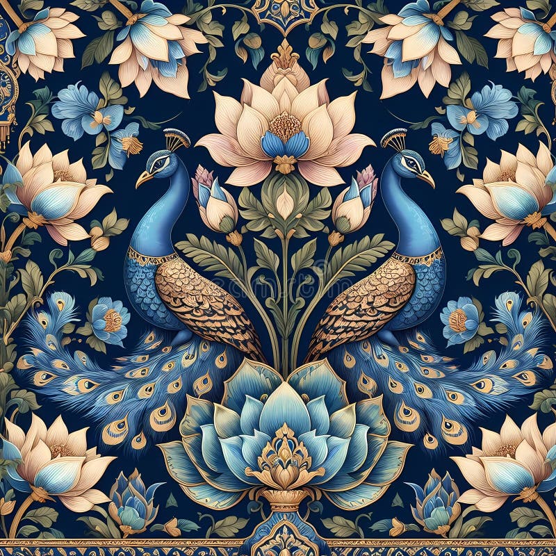 Mughal-Style Lotus and Peacock Pattern in Royal Blue and Gold. for ...