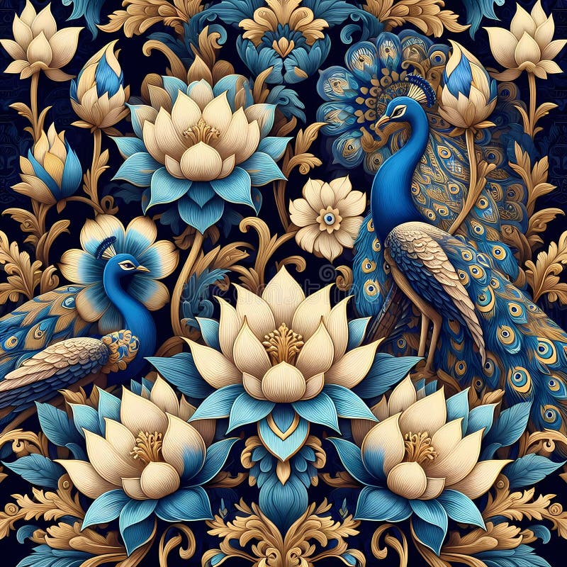 Mughal-Style Lotus and Peacock Pattern in Royal Blue and Gold. for ...