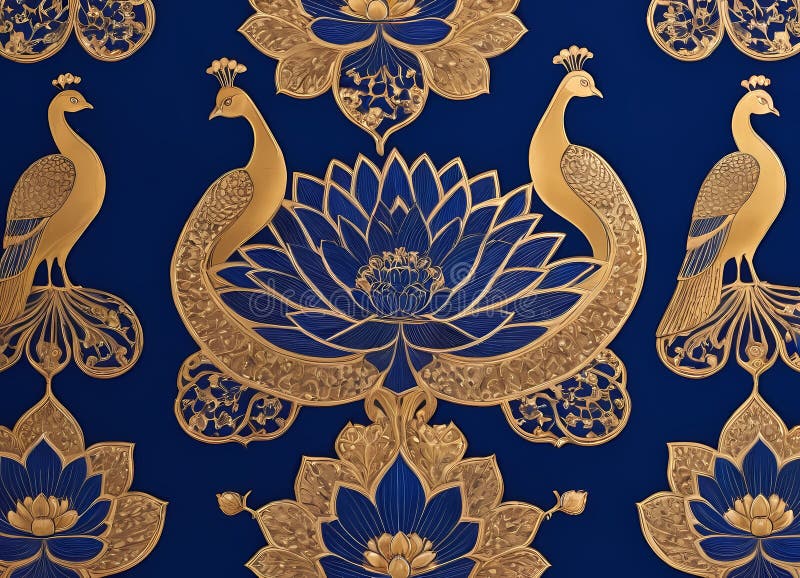 Mughal-Style Lotus and Peacock Pattern in Royal Blue and Gold. for ...