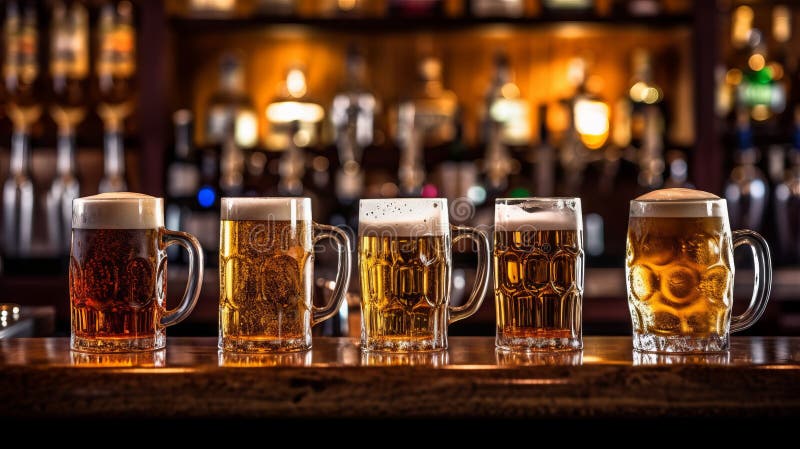 Mugs Full of Beer on a Bar Counter. Generative AI Stock Illustration ...