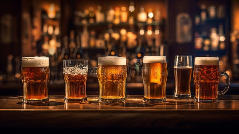 Mugs Full of Beer on a Bar Counter. Generative AI Stock Illustration ...