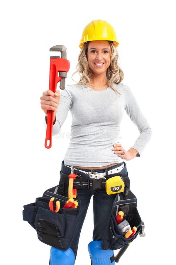 Mujer Del Constructor Con El Envase De Las Herramientas Foto de archivo ...