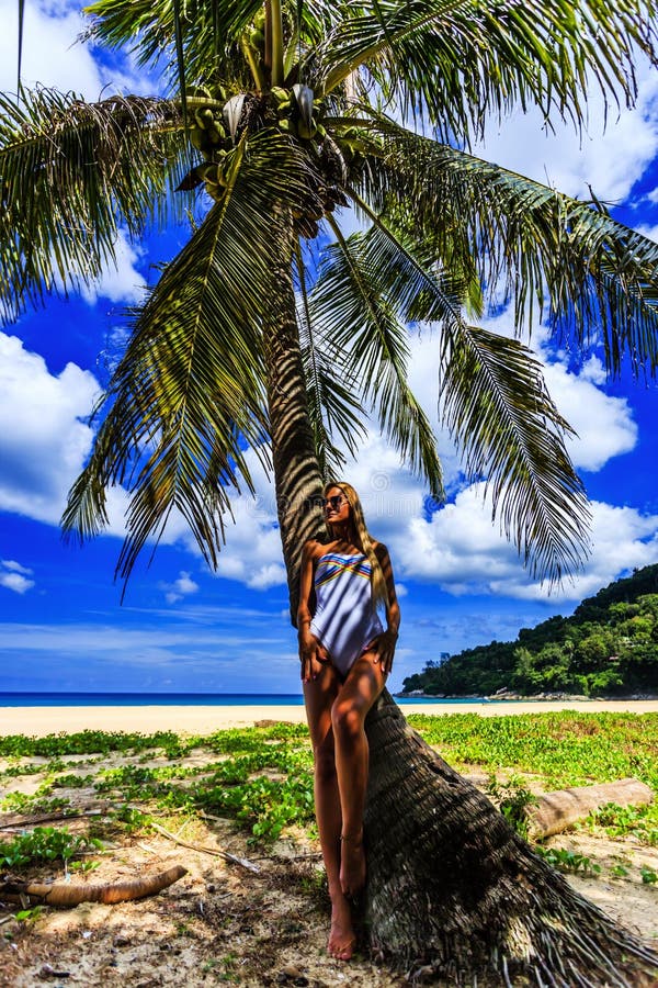 Mujer En El Bikini Blanco Que Presenta En La Palmera Foto de archivo ... Mujer En El Bikini Blanco Que Presenta En La Palmera Foto de archivo ...