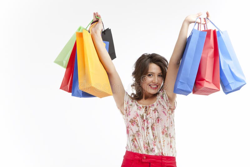 Mujer Feliz Con Los Bolsos De Compras Imagen de archivo - Imagen de ...
