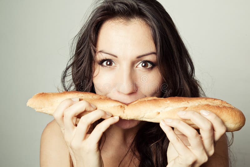 Mujer Hambrienta Comiendo Baguette Imagen de archivo - Imagen de salud ...