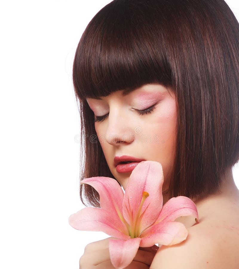 Mujer Hermosa Con La Flor Rosada Foto de archivo - Imagen de fresco ...