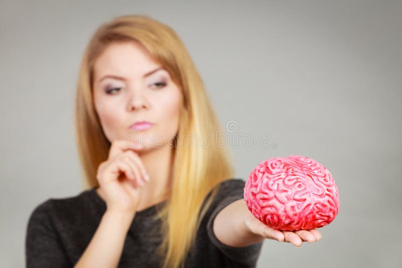 Mujer Pensando Y Sosteniendo Un Cerebro Falso Foto De Archivo Imagen De Piense Elegante