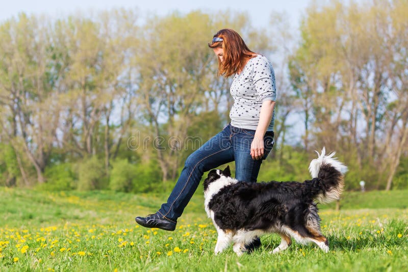 Mujer Que Hace El Baile Del Perro Con Un Border Collie Imagen de ...