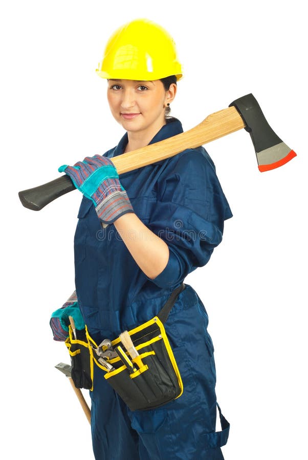 La Chica En El Casco De Construcción Y Monos Con Un Martillo Imagen de ...
