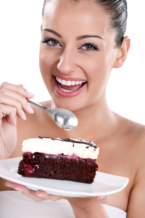 Mujer Sonriente Que Come La Torta Foto de archivo - Imagen de pasteles ...