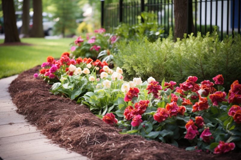 A Mulch-covered Flower Bed with Blooming Tulips Stock Photo - Image of ...