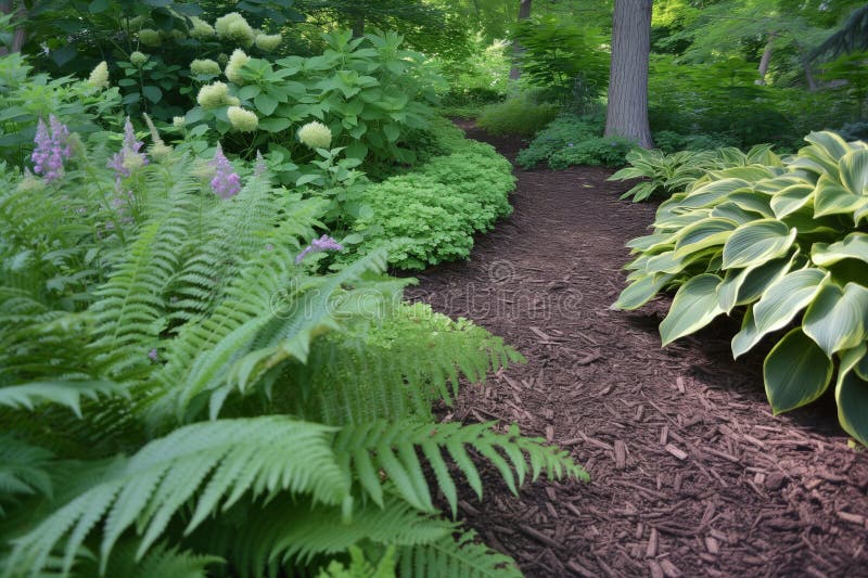 Mulched Track with a Gentle Spread of Ferns and Hostas Stock Photo ...