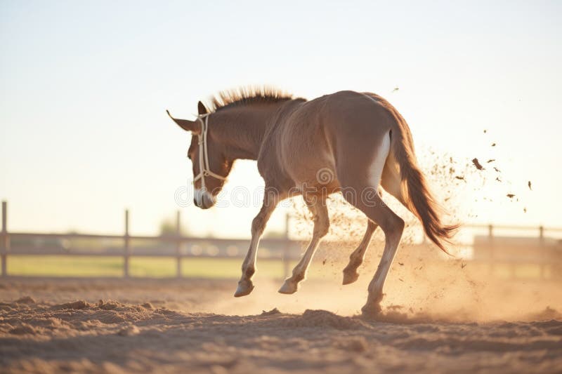 Mule Rearing Up, Dirt Flying Off Its Hooves in the Sunlight Stock ...