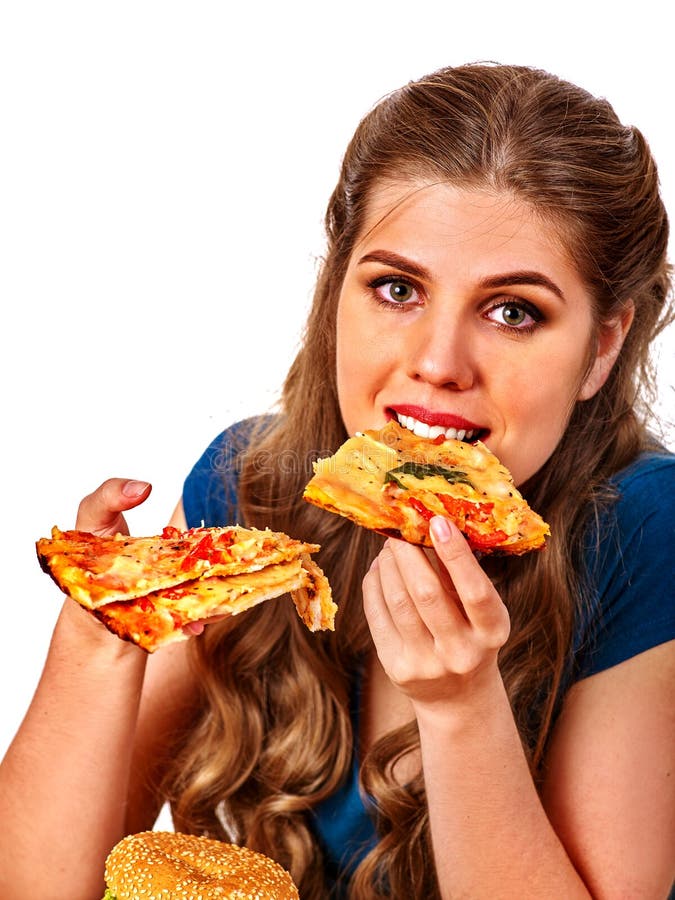Mulher Bonita Nova Que Come a Pizza Grande Imagem de Stock - Imagem de ...