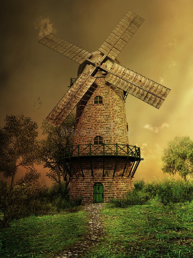 Mulino a Vento Sull'la Collina Illustrazione di Stock - Illustrazione ...