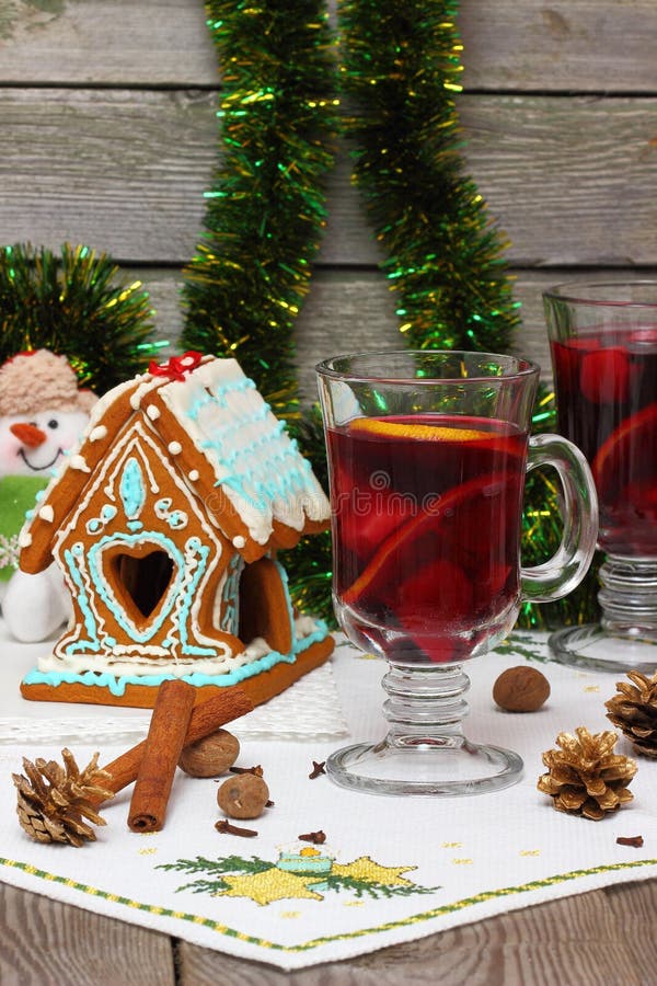 Mulled Wine with Gingerbread House Stock Photo - Image of holiday ...