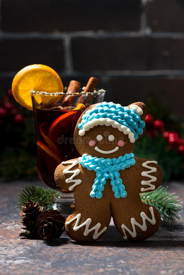Mulled Wine and Gingerbread Man, Vertical Closeup Stock Photo - Image ...
